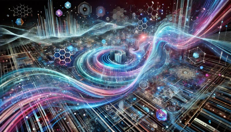 Digital Visualization Showcasing Interconnected Light Patterns, Geometric Forms, and Data Flows ...