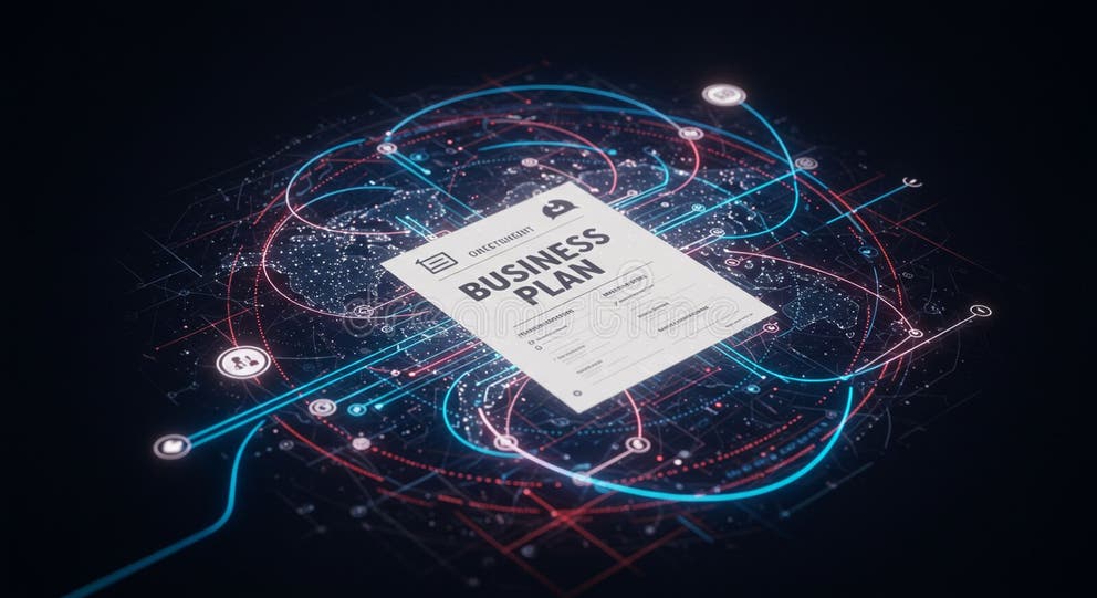 A Digital Visualization with a White Business Plan Document at the Center, Surrounded Stock ...