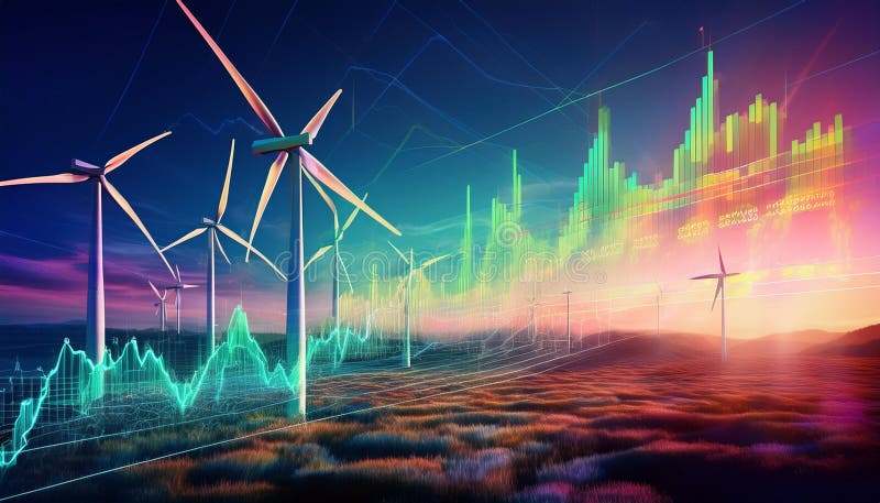 Wind Turbines with Renewable Energy Data Overlay Futuristic Stock ...