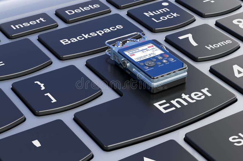 Digital Voice Recorder on Laptop Keyboard, 3D Rendering Stock ...