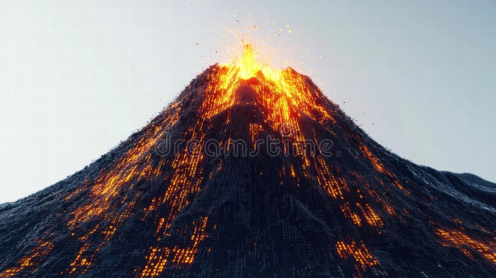 Digital Volcano Erupts with Lava Flowing Down Its Slopes, Data ...