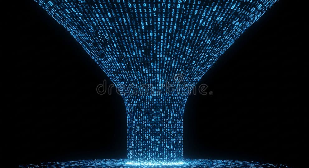 A Digital Vortex Composed of Cascading Binary Code Streams Downward in a Funnel Stock ...