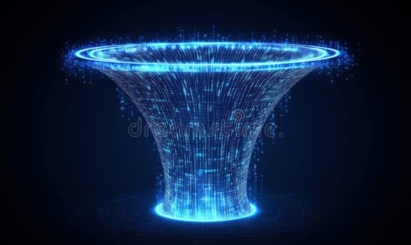 Digital Vortex with Glowing Blue Particles and Binary Code, Representing Data Flow and ...