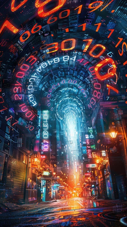 Digital Vortex Tunnel Filled with Glowing Numbers and Light Streaks ...