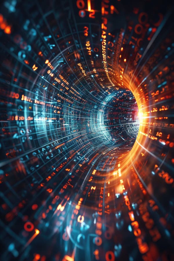 Digital Vortex Tunnel Filled with Glowing Numbers and Light Streaks, Representing Data Flow ...