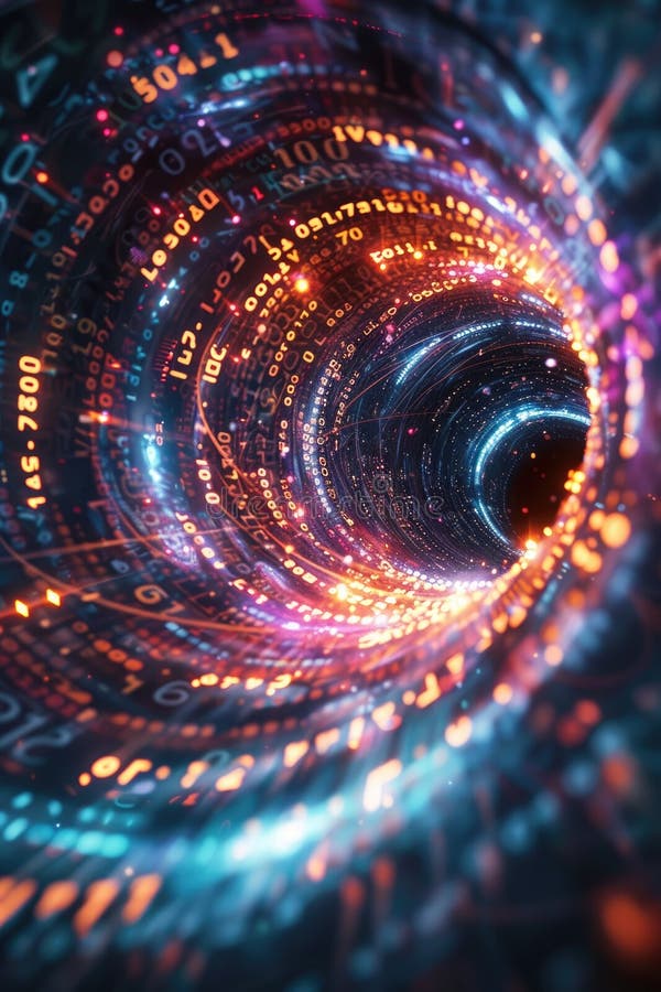 Digital Vortex Tunnel Filled with Glowing Numbers and Light Streaks ...