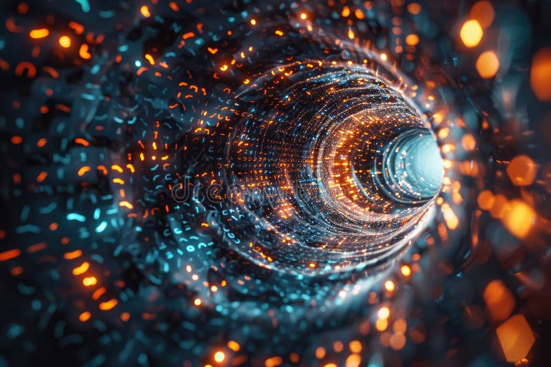 Digital Vortex Tunnel Filled with Glowing Numbers and Light Streaks ...