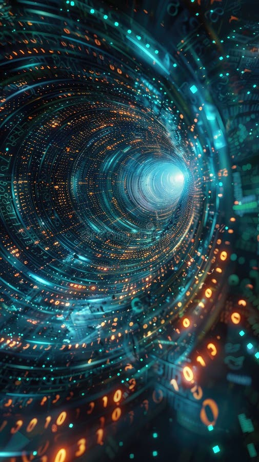Digital Vortex Tunnel Filled with Glowing Numbers and Light Streaks ...