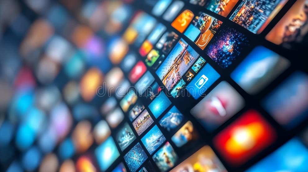 Digital Wall with Glowing Image Thumbnails, Visual Content, Multimedia ...