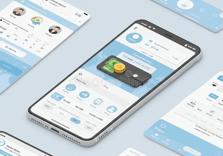 A Digital Wallet App Interface Displayed on Multiple Smartphones ...