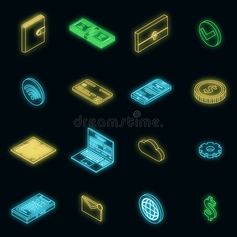 Digital Wallet Icons Set Vector Neon Stock Illustration - Illustration ...