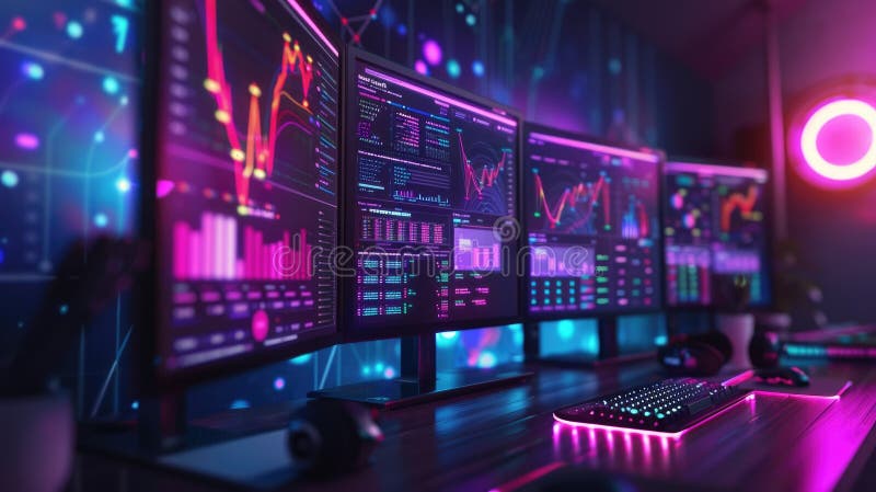 Digital Wallpaper with Charts and Graphs on Multiple Computer Screens ...