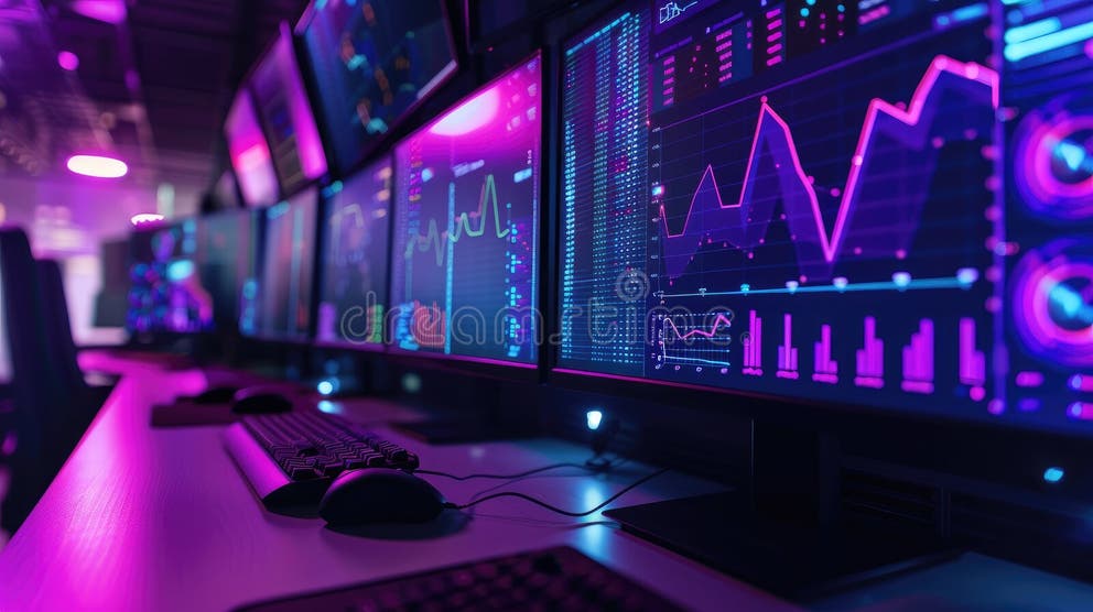 Digital Wallpaper with Charts and Graphs on Multiple Computer Screens ...