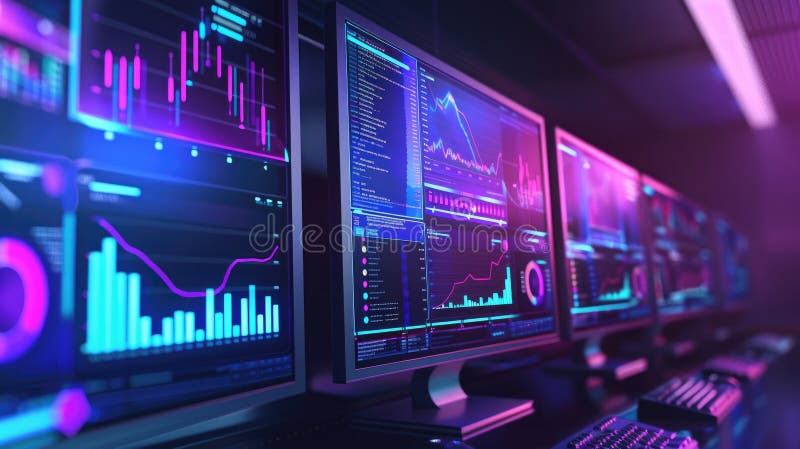 Digital Wallpaper with Charts and Graphs on Multiple Computer Screens ...