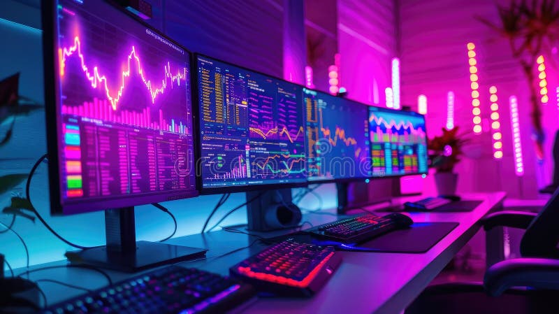 Digital Wallpaper with Charts and Graphs on Multiple Computer Screens ...