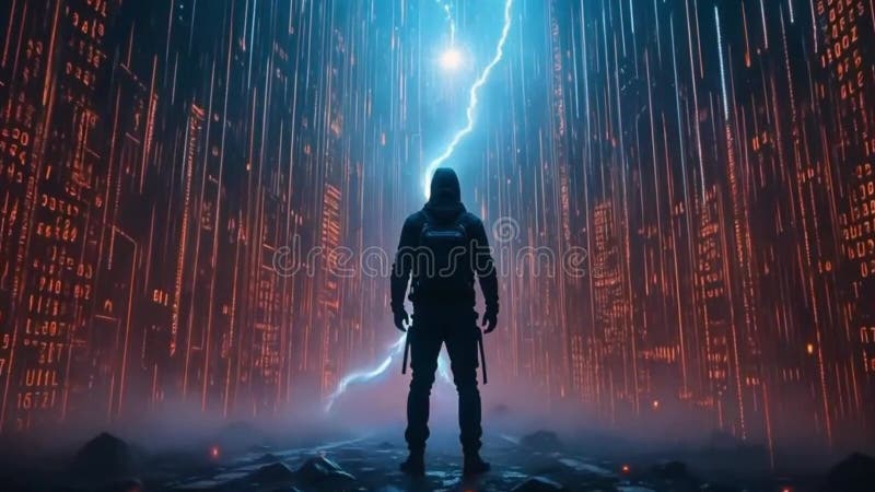 Digital Wanderer - 4K Cybernetic Figure in Code Storm with Lightning ...