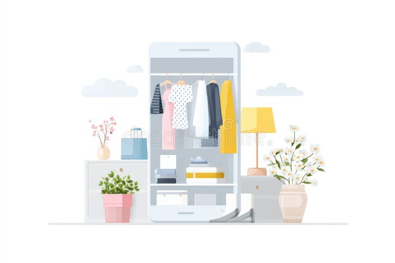 Digital Wardrobe Concept with Smartphone, Hanging Clothes, and Home ...