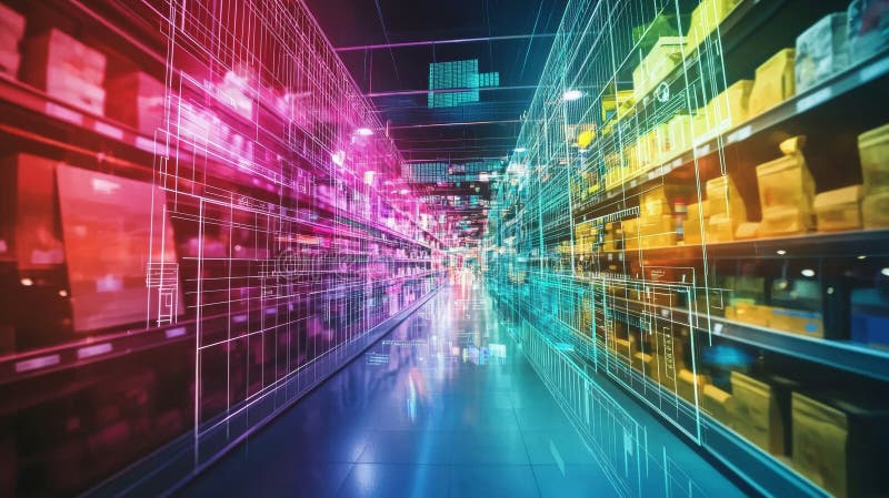 Digital Warehouse Concept with Vibrant Neon Lights and Virtual ...