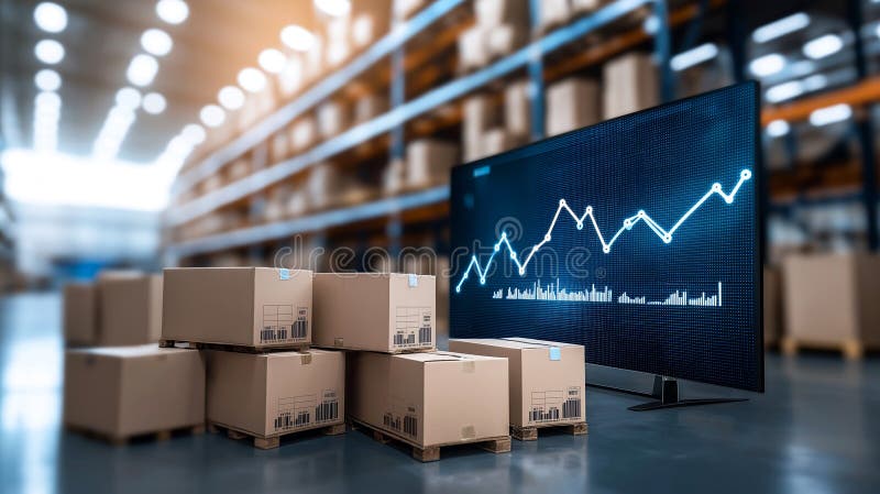 Digital Warehouse with Data Visualization on Screen Surrounded by ...