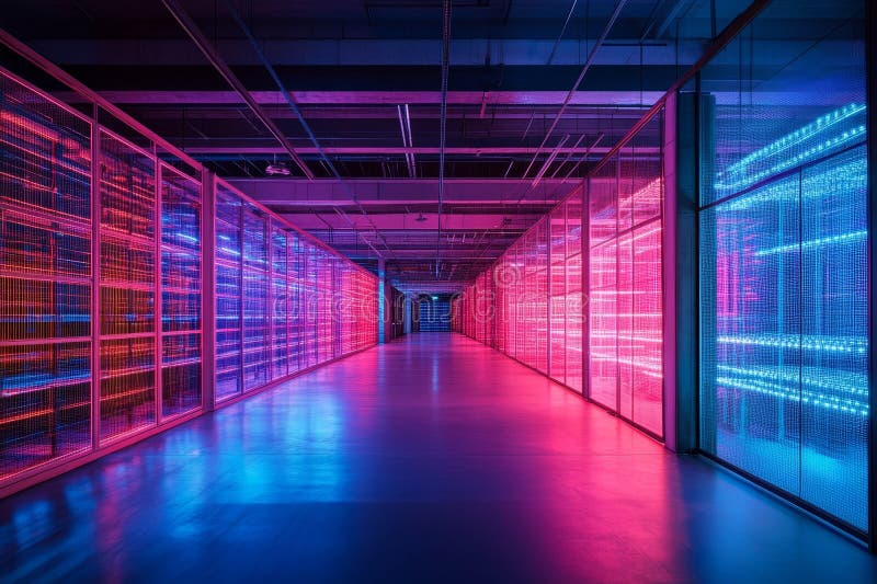 Digital Warehouse with Electronic Grids Stock Photo - Image of neon ...