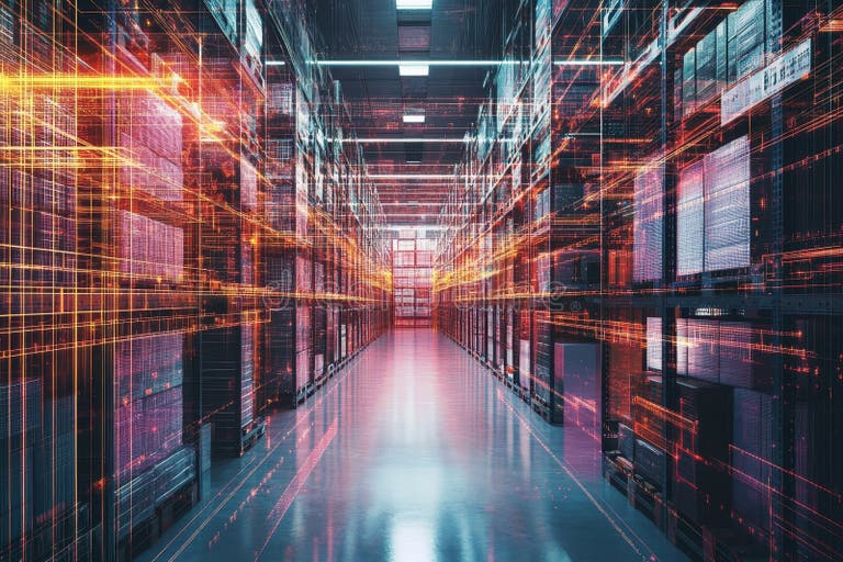 Digital Warehouse with Electronic Grids Stock Photo - Image of modern ...