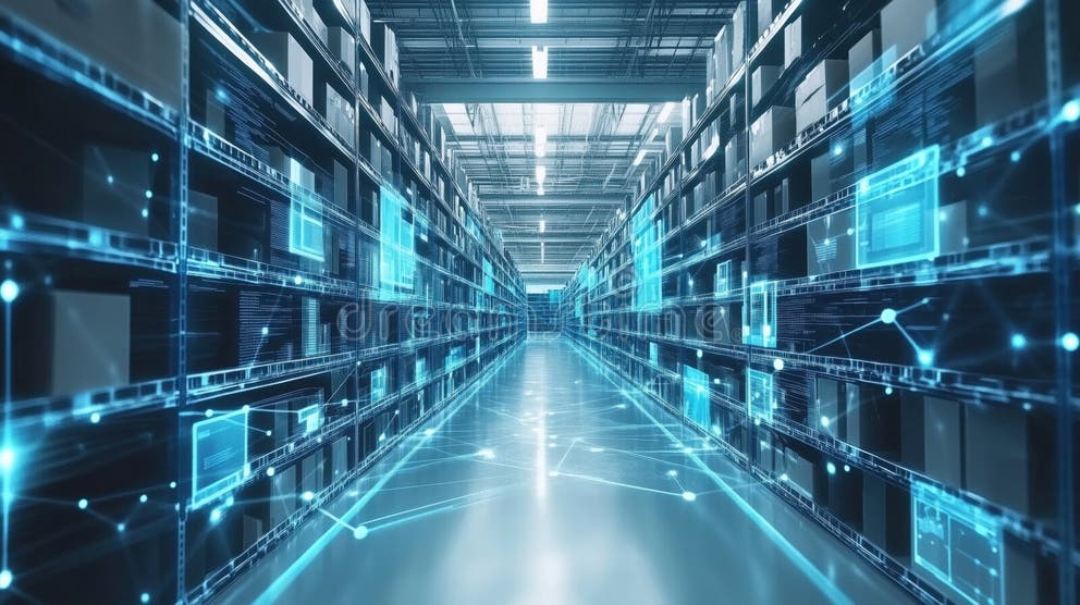 Digital Warehouse with Futuristic Shelving and Data Visualization Stock ...
