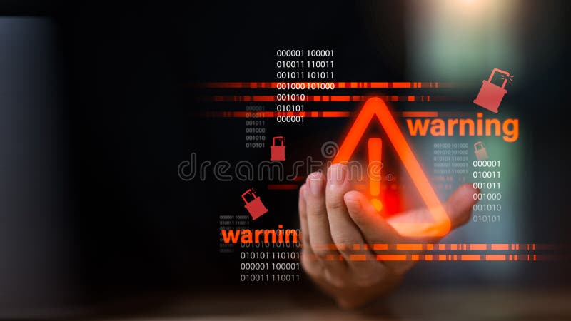 Digital Warning Sign Concept with Glowing Red Alert Icons, Binary Code, and Abstract Lock ...