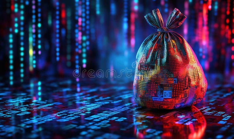 Digital Waste Bag Filled with Data and Technology Symbols in Vibrant ...