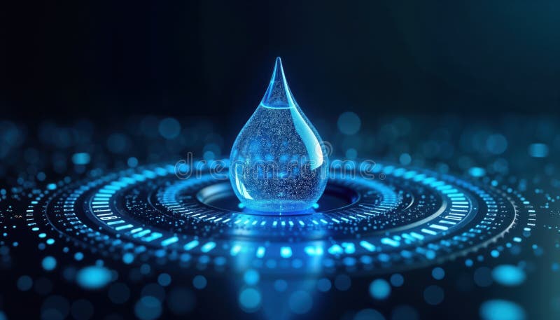 Digital Water Drop Icon Glows with Binary Code. Represents AI Water ...