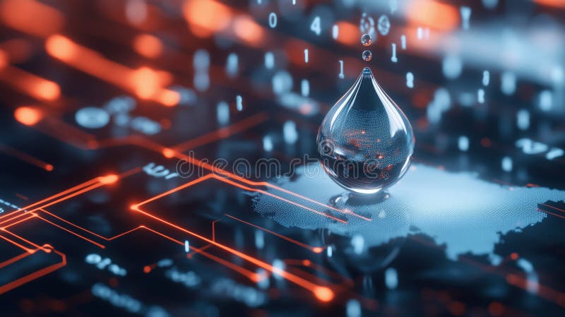 Digital Water Droplet with Binary Code Over Circuit Board Stock ...