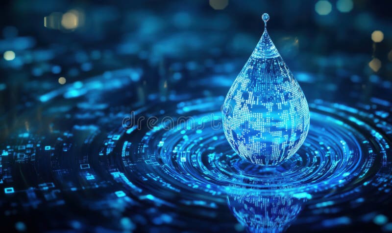 Digital Water Droplet Creating Ripples in a Futuristic Blue Environment ...