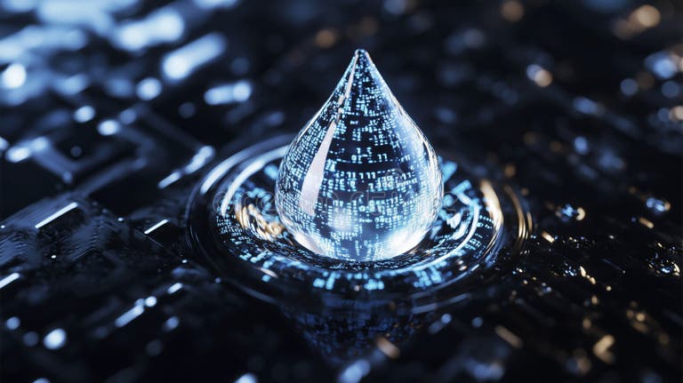 Digital Water Droplet Icon with Cascading Binary Code, Blending Organic ...