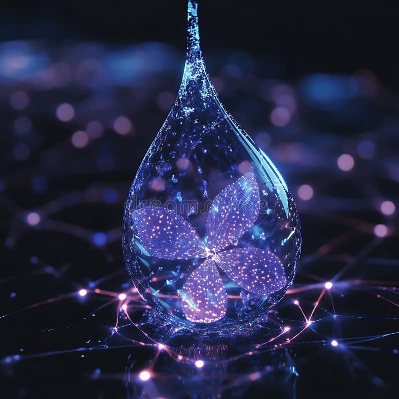 Digital Water Droplet with Light and Abstract Network Design Stock ...
