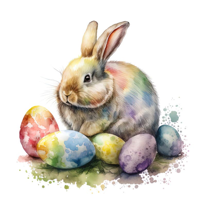 Digital Watercolor Easter Bunny with Easter Eggs Stock Illustration ...