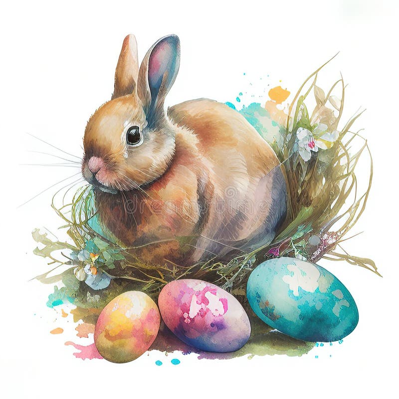 Digital Watercolor Easter Bunny with Easter Eggs Stock Illustration ...