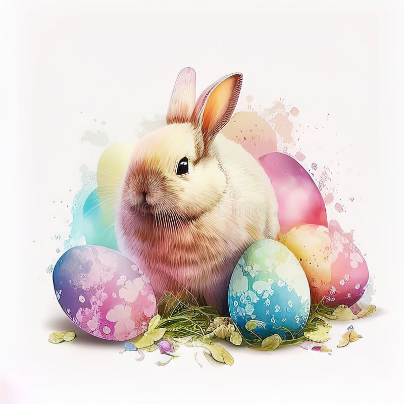 Digital Watercolor Easter Bunny with Easter Eggs Stock Illustration ...