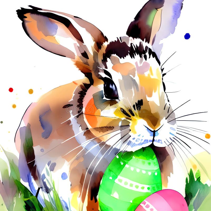 Digital Watercolor Easter Bunny with Easter Eggs Stock Illustration ...