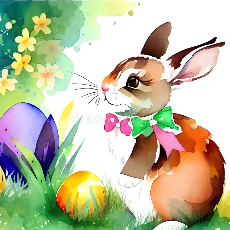 Digital Watercolor Easter Bunny with Easter Eggs Stock Illustration ...
