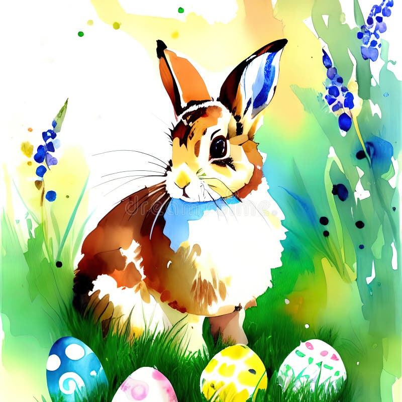 Digital Watercolor Easter Bunny with Easter Eggs Stock Illustration ...