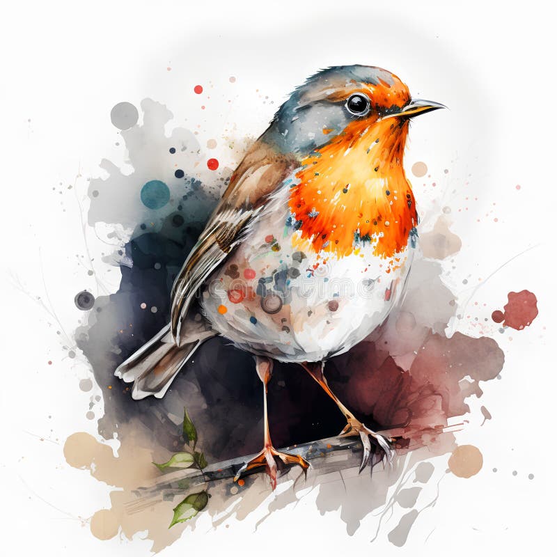 Digital Watercolor Painting of a Robin Bird on a Branch. Stock ...