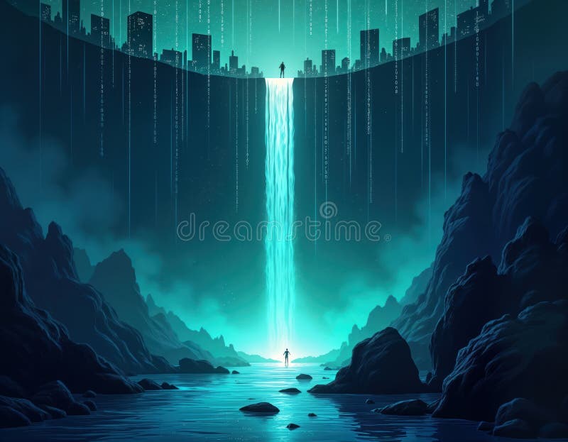Digital Waterfall Cascades Down Futuristic City Edge. Binary Code Flows ...