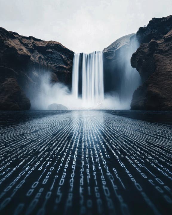 Digital Waterfall Flowing with Binary Code in Futuristic Landscape ...
