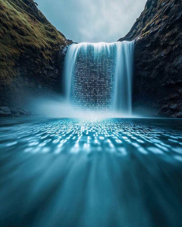 Digital Waterfall Flowing with Binary Code in Futuristic Landscape ...