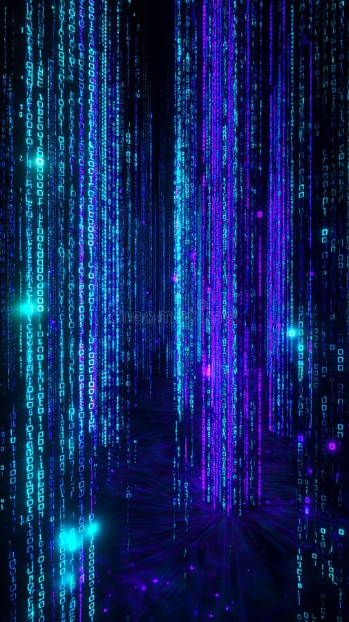 Digital Waterfall of Glowing Blue Code Over Dark Floor Stock ...