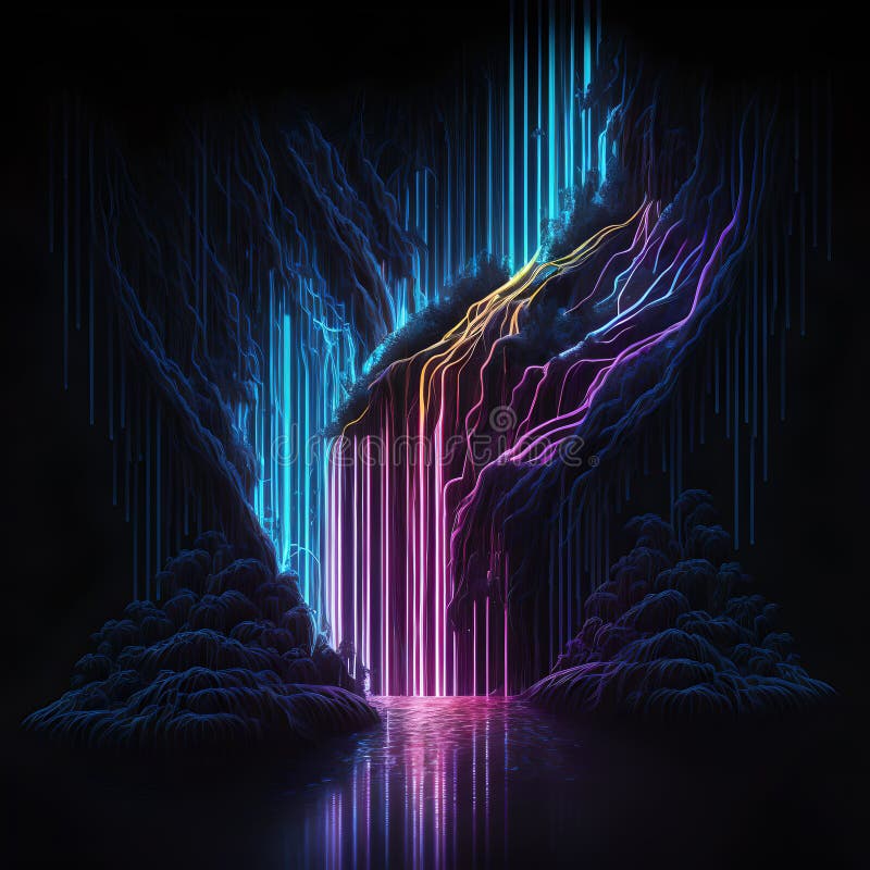 Digital Waterfall of Neon Lines in the Dark Digital Illustration Art ...