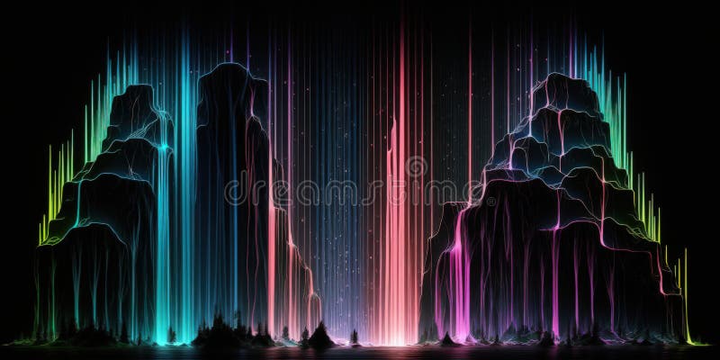 Digital Waterfall of Neon Lines in the Dark Digital Illustration Art ...