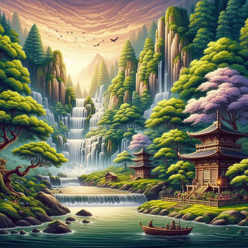 Digital Waterfall with Traditional Trees a Digital Waterfall Sur Stock ...