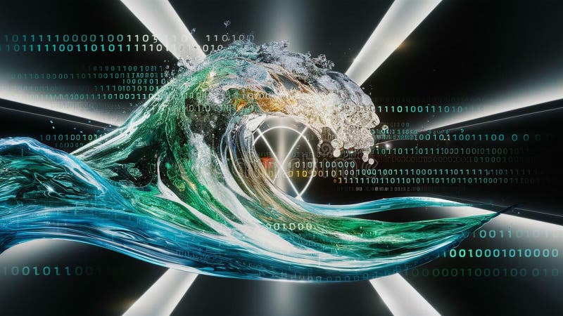 Digital Wave with Binary Code and Geometric Shapes Against a Dark ...