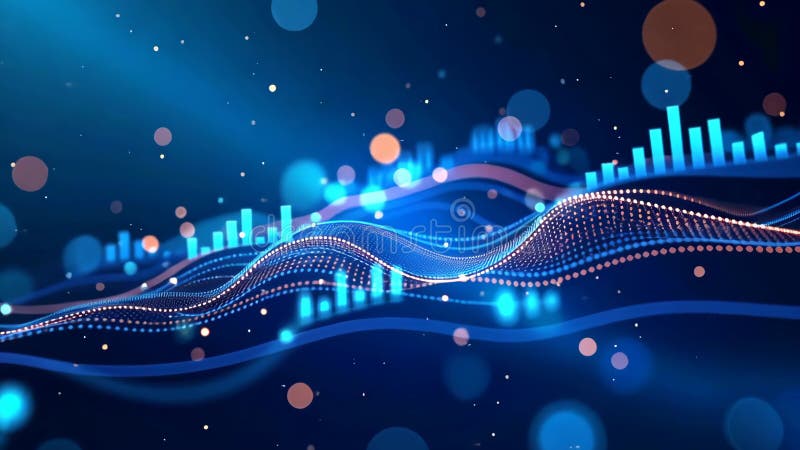 Digital Wave of Data Flows with Light Blue Bars and Illuminated ...