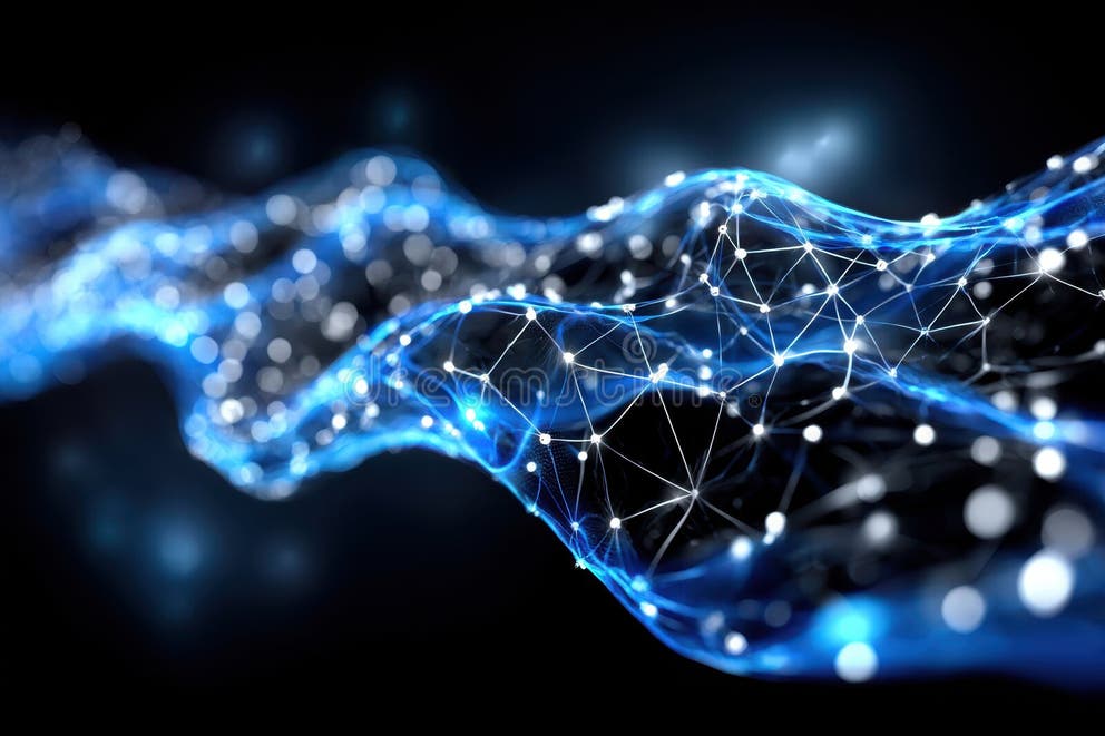 Digital Wave of Interconnected Nodes Flowing in Vibrant Blue Lighting ...